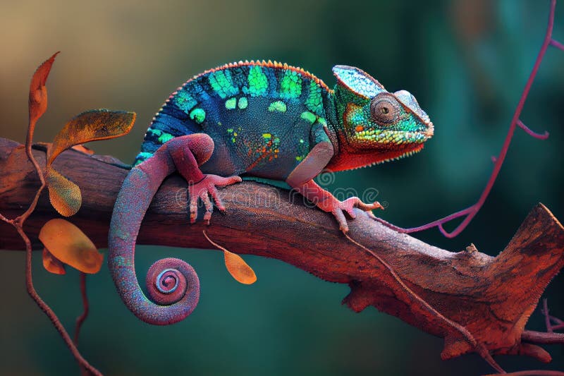 Chameleon on Tree Branch, Its Colors Changing with the Surrounding ...
