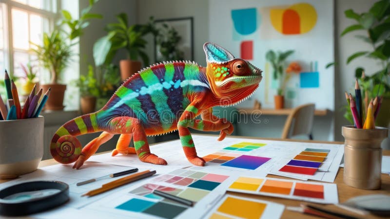 Chameleon Walking on Color Palette in Creative Studio Stock Photo ...