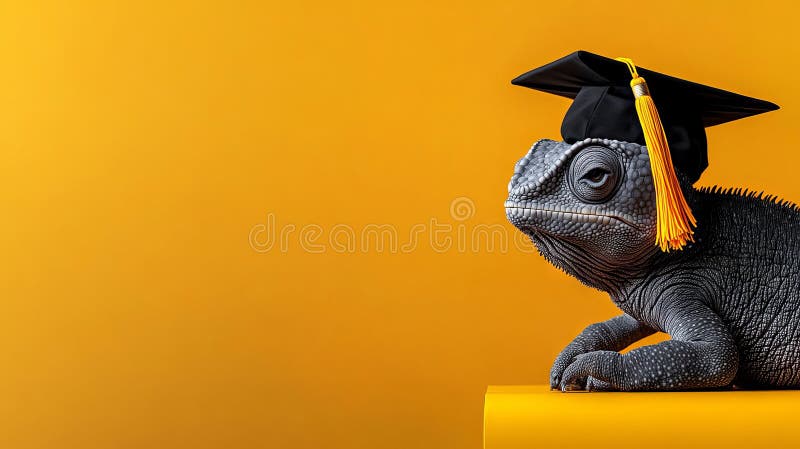 A Chameleon Wearing a Graduation Cap Sitting on Top of a Yellow Box ...