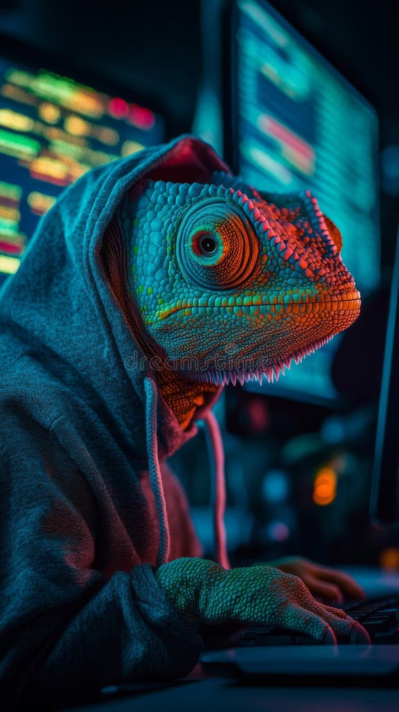 A Chameleon Wearing a Hoodie Sits at a Computer. it Works on Code in a ...