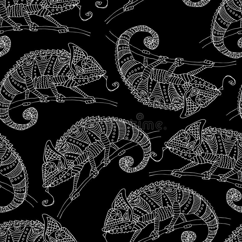 Chameleons, Outline Seamless Pattern, on Black Background. Vector Stock ...