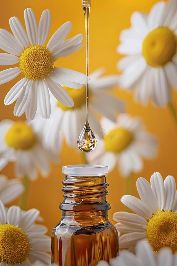 Chamomile Essential Oil Drips into the Bottle. Selective Focus Stock ...