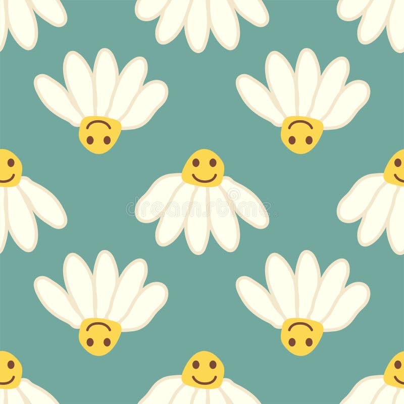 Chamomile Smile 1970 Pattern. Groovy Daisy Retro Seamless Pattern Stock ...