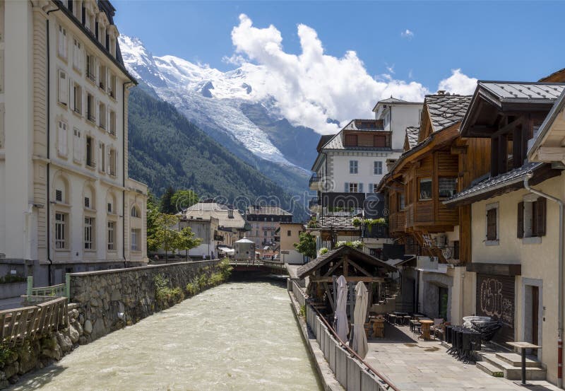 Chamonix - the Mont Blanc Over the Glacial River and the Town Stock ...