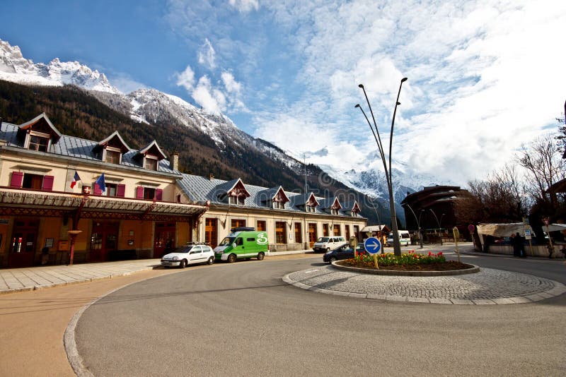 Chamonix Train Station with Mont Blanc Peak Editorial Stock Image ...
