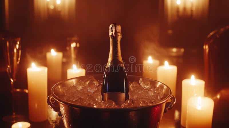 Champagne Bottle Cooling in Ice Bucket with Candles Stock Illustration ...