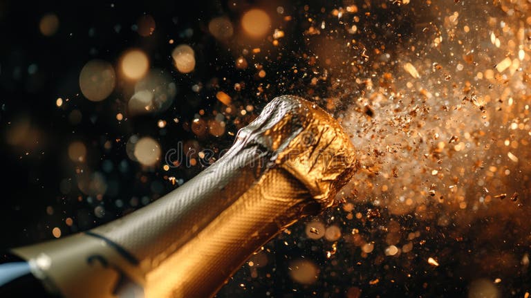 Champagne Bottle Popping with Golden Sparkles Stock Illustration ...