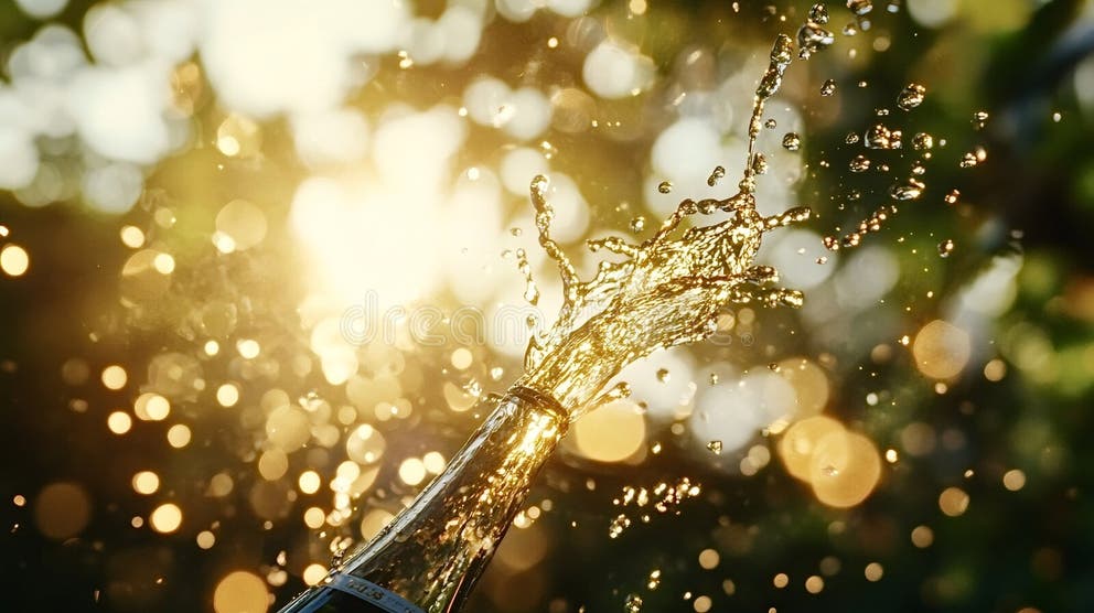 Champagne Bottle Exploding with Golden Bubbles at Sunset Stock Image ...