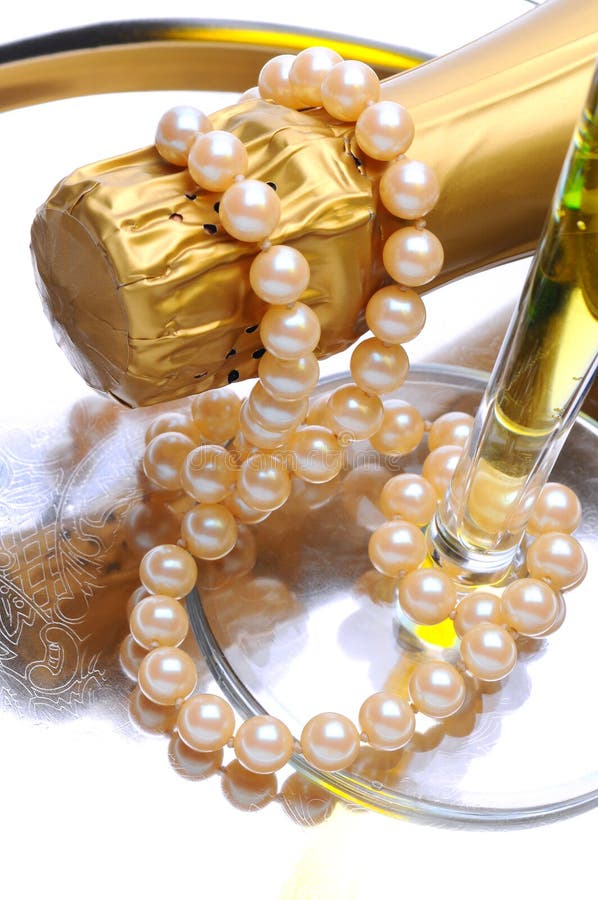 Champagne Bottle Glass and Pearls Stock Image - Image of sparkling ...