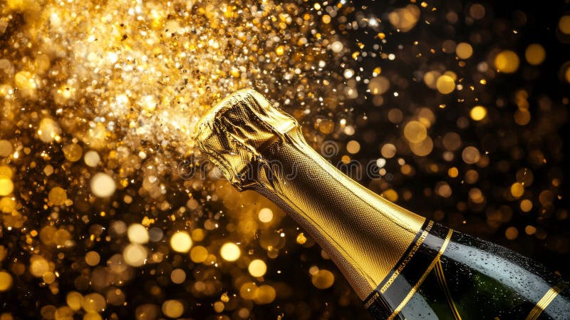 Champagne Bottle Popping with Golden Sparkles Stock Illustration ...