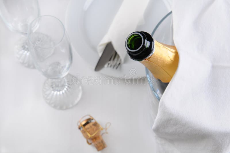 Champagne Bottle and Table Setting Stock Image - Image of glasses ...