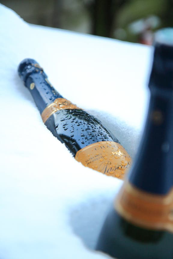 Champagne bottles in snow editorial photo. Image of outside - 17741326