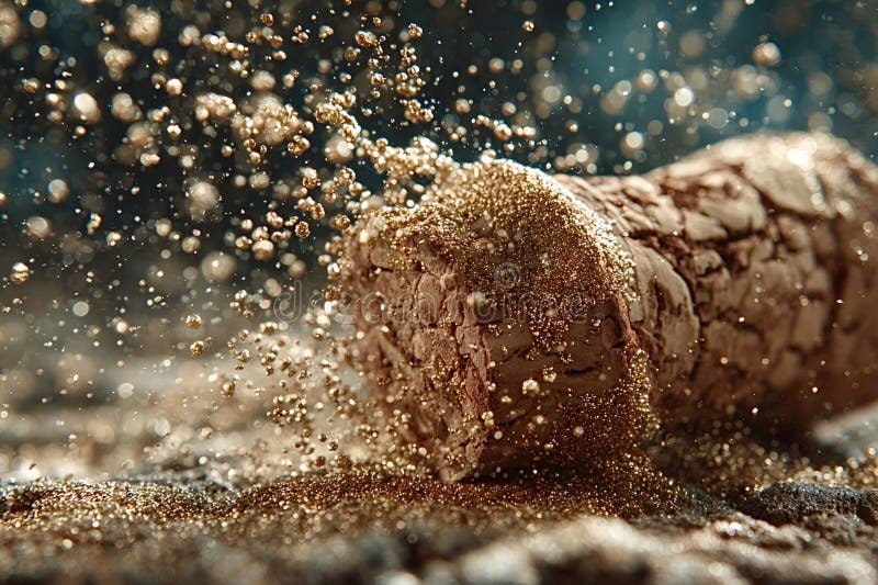 Champagne Cork Covered in Gold Glitter Exploding with Festive Bubbles ...