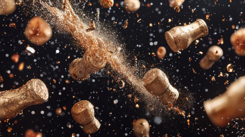 Champagne Corks Flying through Air with Gold Confetti Stock Illustration - Illustration of ...