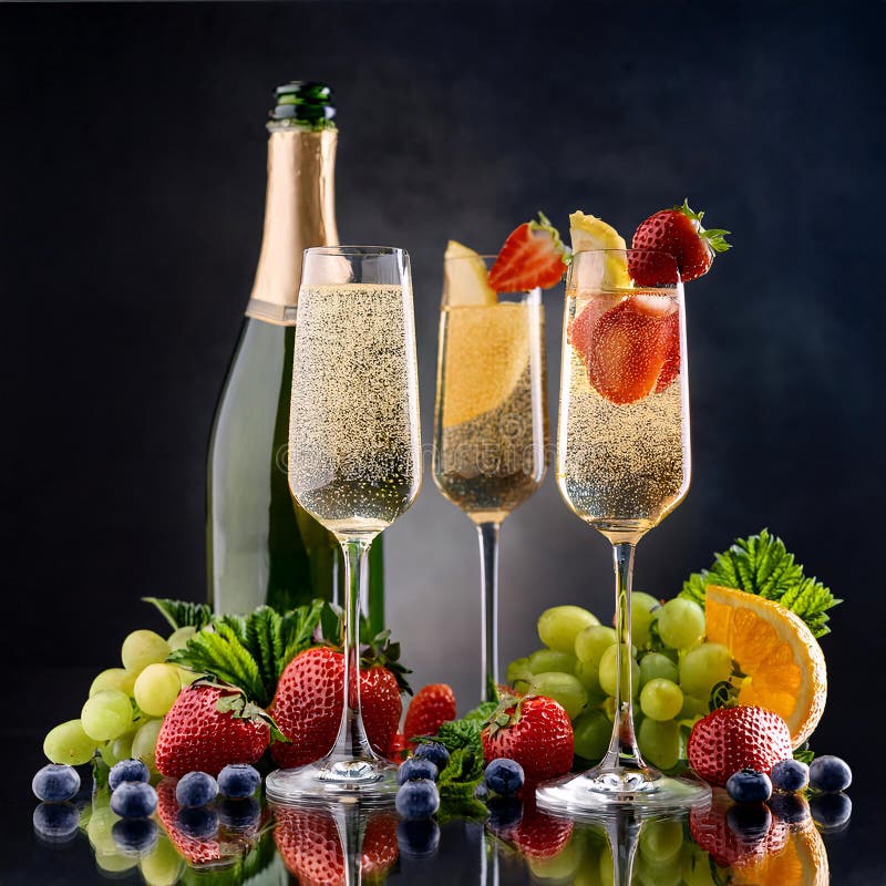 Champagne Flutes Filled with Sparkling Drinks, Adorned with Fruit and ...