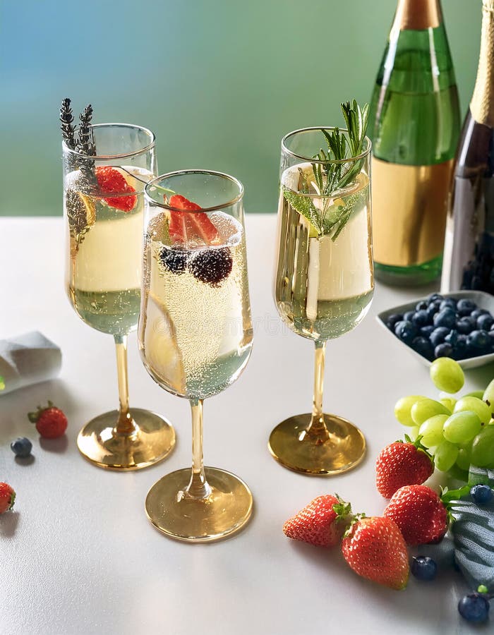 Champagne Flutes Filled with Sparkling Drinks, Adorned with Fruit and ...