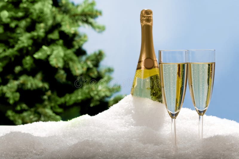 Champagne flutes in snow stock photo. Image of pair, luxury - 10919842