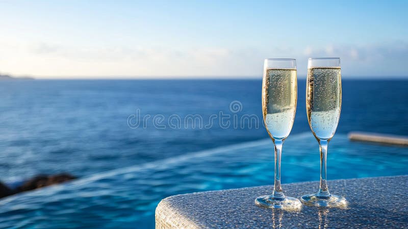 Champagne Glasses Clinking beside a Crystal-clear Infinity Pool Stock ...