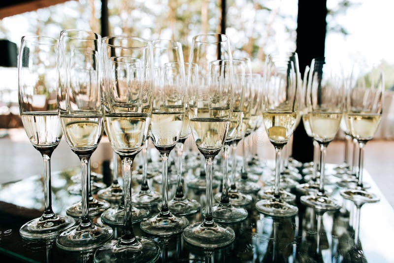 Champagne Glasses Closeup, Wedding Reception Alcohol Drink Table Stock ...