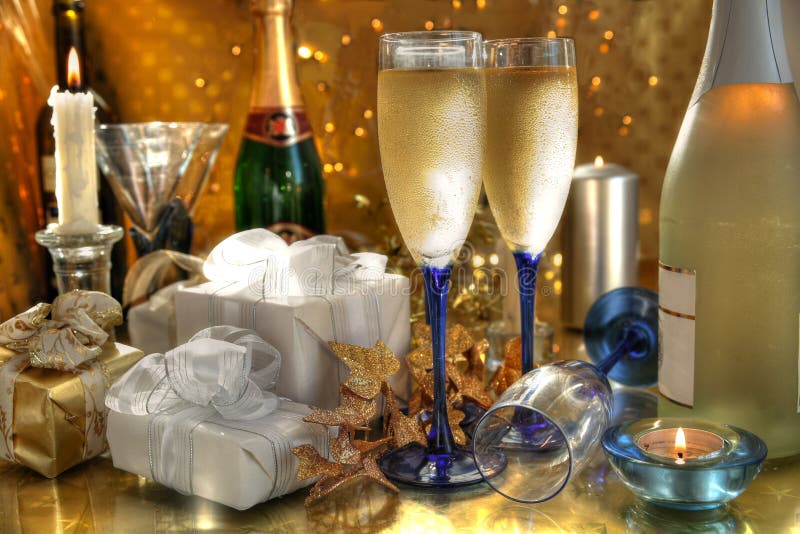 Champagne in Glasses, Gift Box and LightsChamp Stock Image - Image of ...