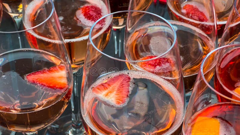 Champagne is Poured into Glasses with Strawberries. Fruit Cocktail ...