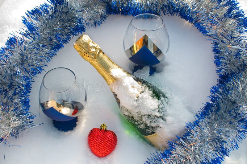 Champagne on snow. stock photo. Image of winter, tree - 7608296