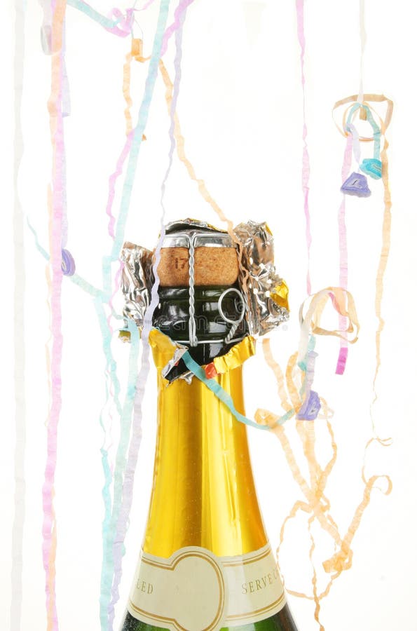Champagne Bottle and Party Streamers Stock Photo - Image of cork, foil ...