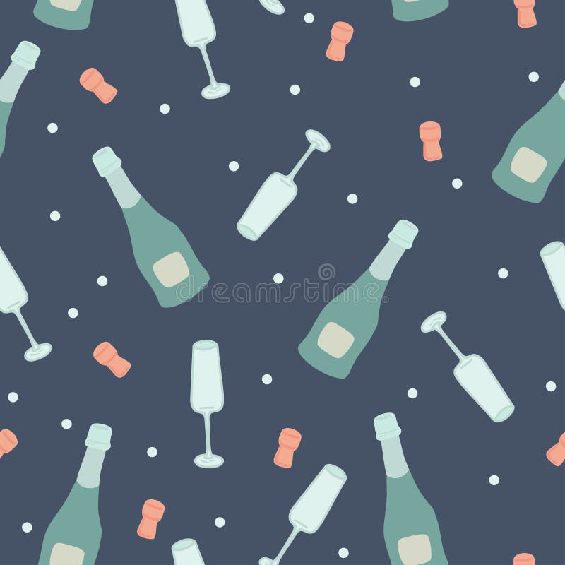 Champaign Sparkling Wine Seamless Pattern with Bottle and Glass Flat ...