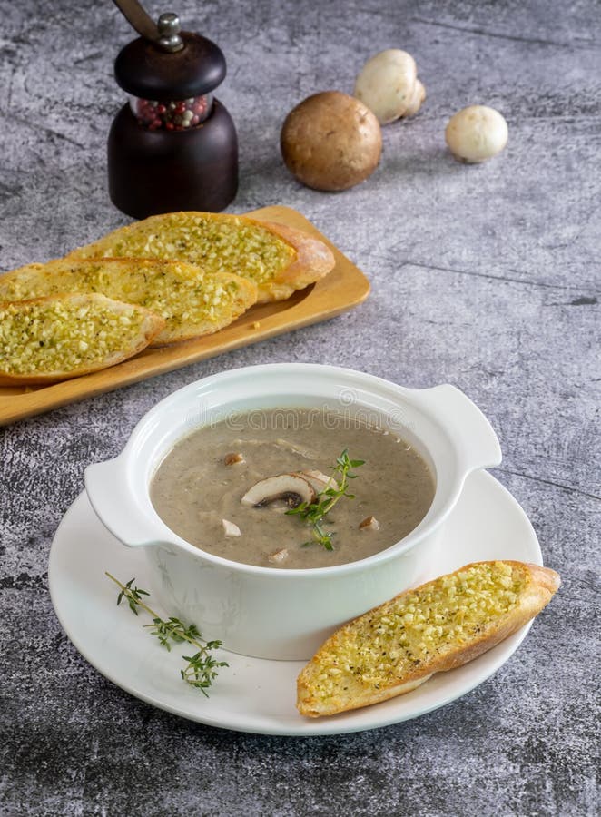 Champignon Mushroom Soup with Garlic Bread Stock Image - Image of diet ...