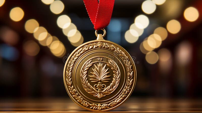 Champion Gold medal on red stock illustration. Illustration of badge ...