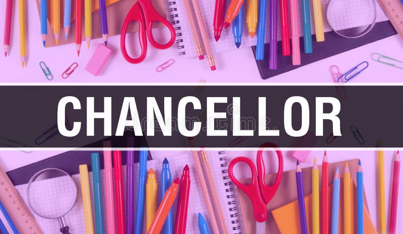 Chancellor with School Supplies on Blackboard Background. Chancellor ...