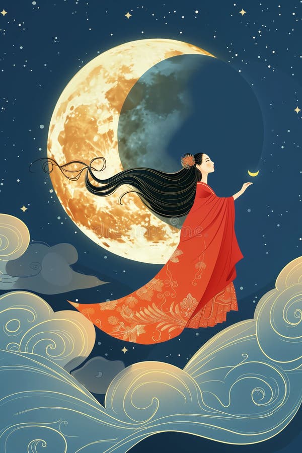 Chang E Floats on a Crescent Moon among Stars. . Generative AI Stock ...