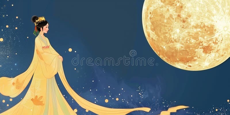 Chang E, the Moon Goddess, Stands Beneath a Full Moon in a Night Sky ...