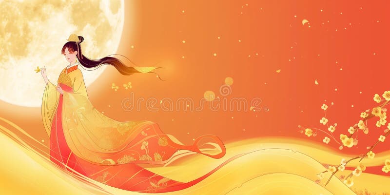 Chang E, the Moon Goddess, Stands on the Moon with a Bright, Yellow ...