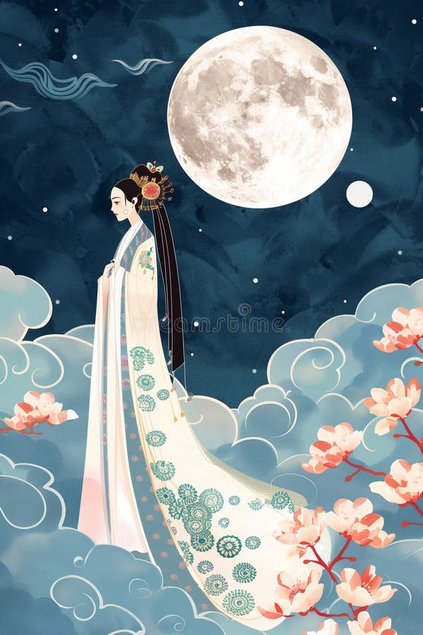 Chang E, the Moon Goddess, Stands in a Night Sky. Generative AI Stock ...