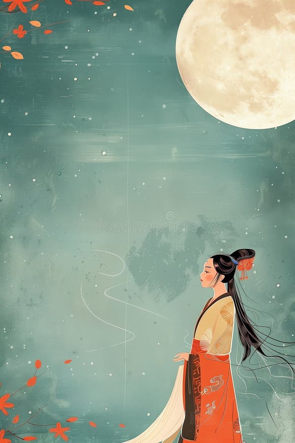 Chang E, the Moon Goddess, Stands in a Starlit Sky with a Full Moon ...