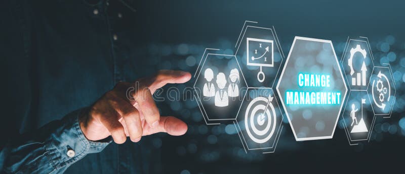 Business Person Hand Pointing Change Management Icon on Virtual Screen ...