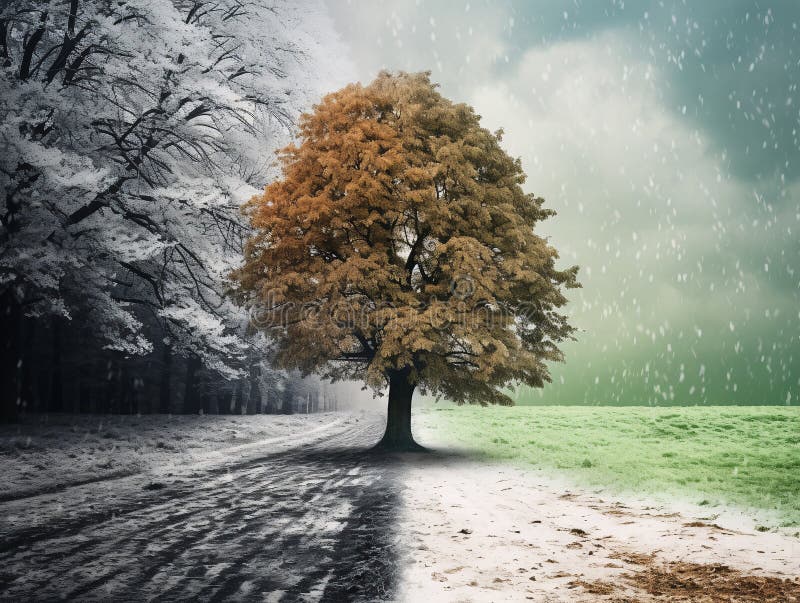 Change of Season from Winter Landscape To Summer in a Landscape Stock ...