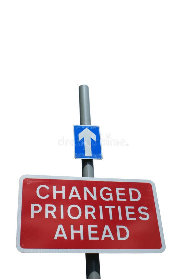 Changed Priorities Ahead Sign, Isolated on White Stock Photo - Image of ...