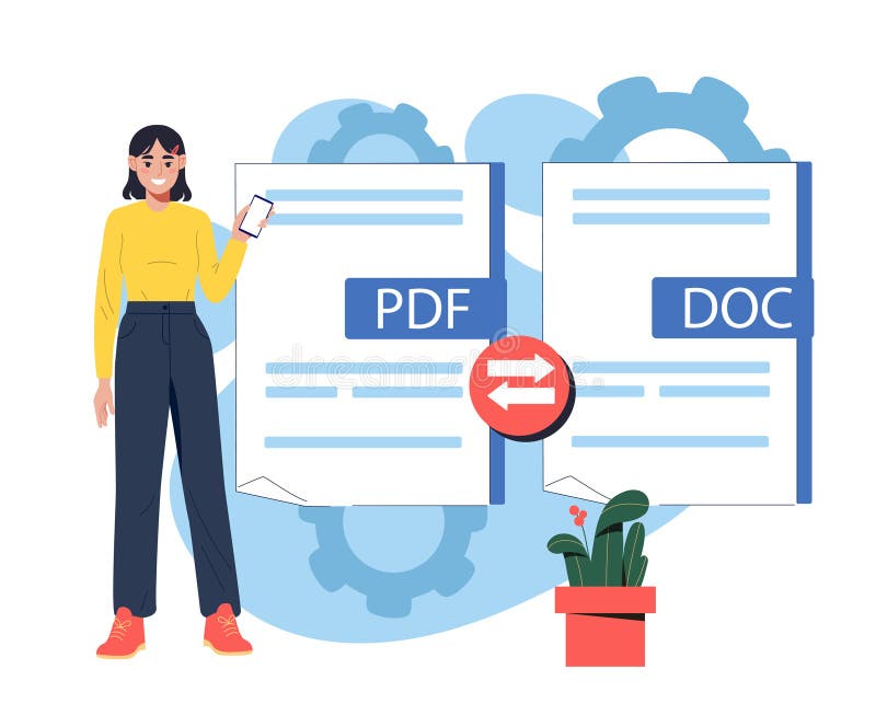 Changing Document Format. Woman Convert Files from Doc To Pdf. Online Converter. Conversion from ...
