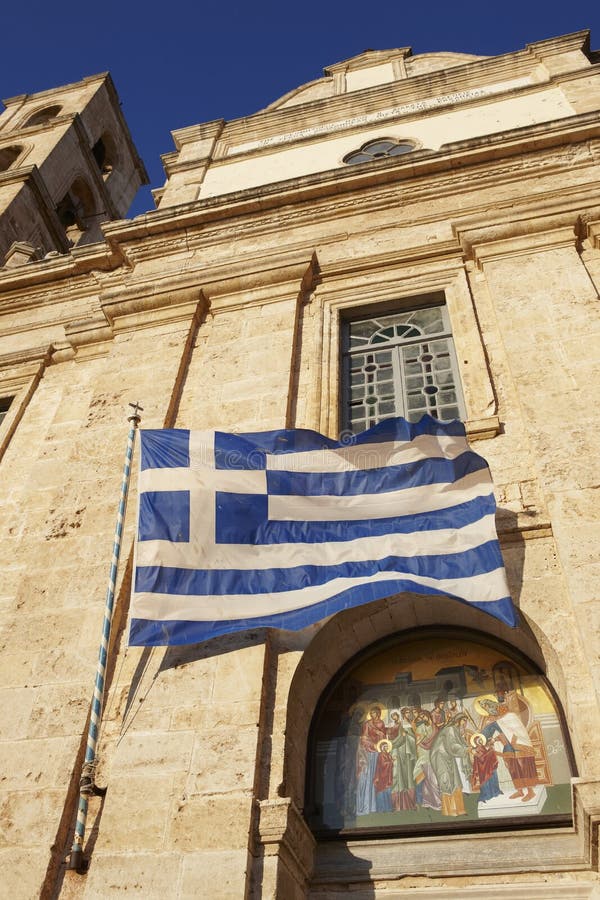 Chania Cathedral Facade with Greek Flag. Crete Stock Photo - Image of ...