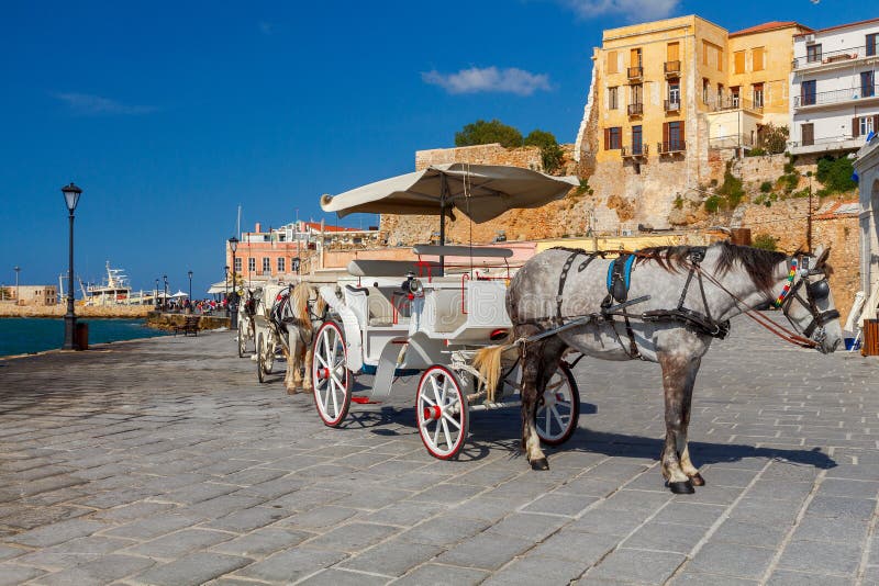 Chania. Horse-drawn Carriage. Stock Image - Image of city, landmark ...