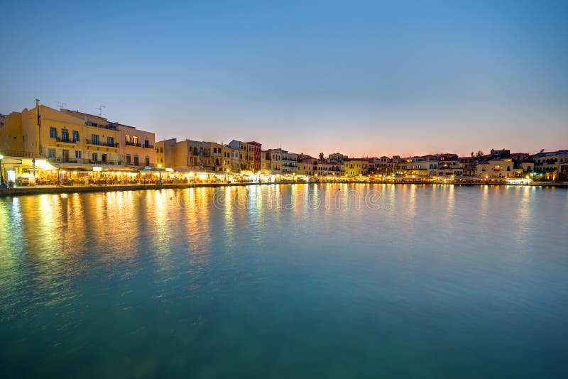 Chania after sunset stock image. Image of lights, embankment - 27713755