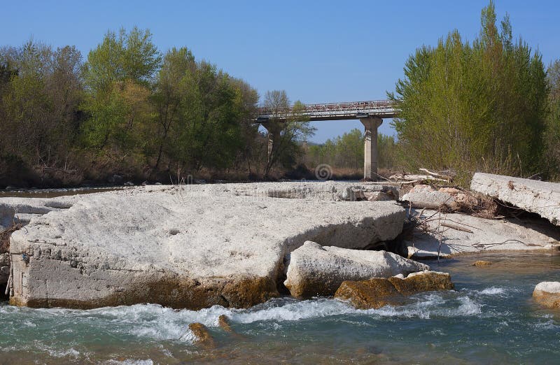 Channel of the River and the Large Boulders Near the Bridge. Stock ...