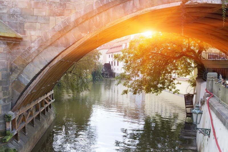 Channel Under the Bridge and Watermill in Prague. Czech Republic Stock ...