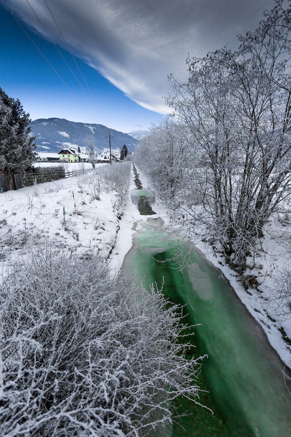 Channel in Winter at Alpine Valley Covered by Snow Stock Photo - Image ...