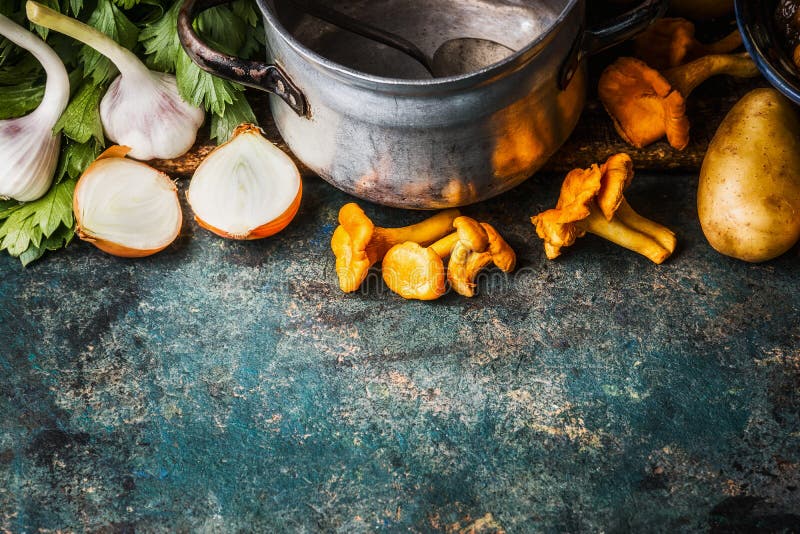 Chanterelles Ingredients and Old Cooking Pot on Rustic Background, Top ...