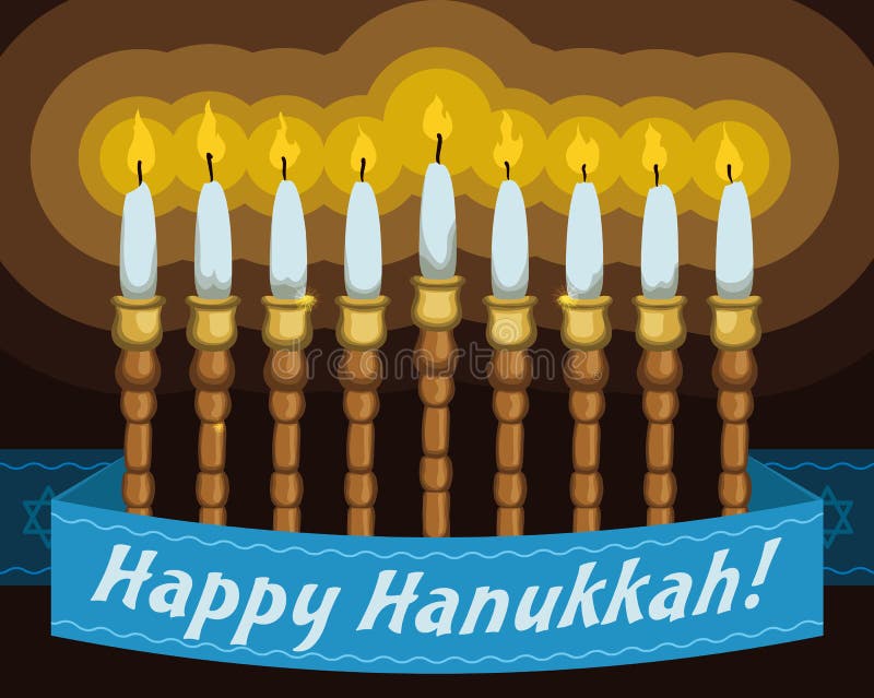 Chanukiah with Lighted Candles, Sufganiyah and Dreidel for Hanukkah ...