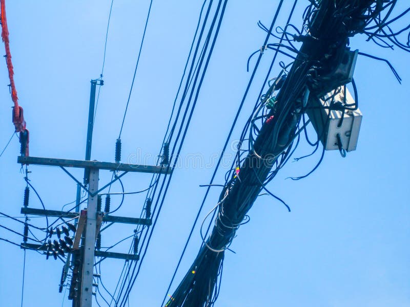 Chaos of Cables and Wires on an Electric Pole, Thailand. Wire and Cable ...