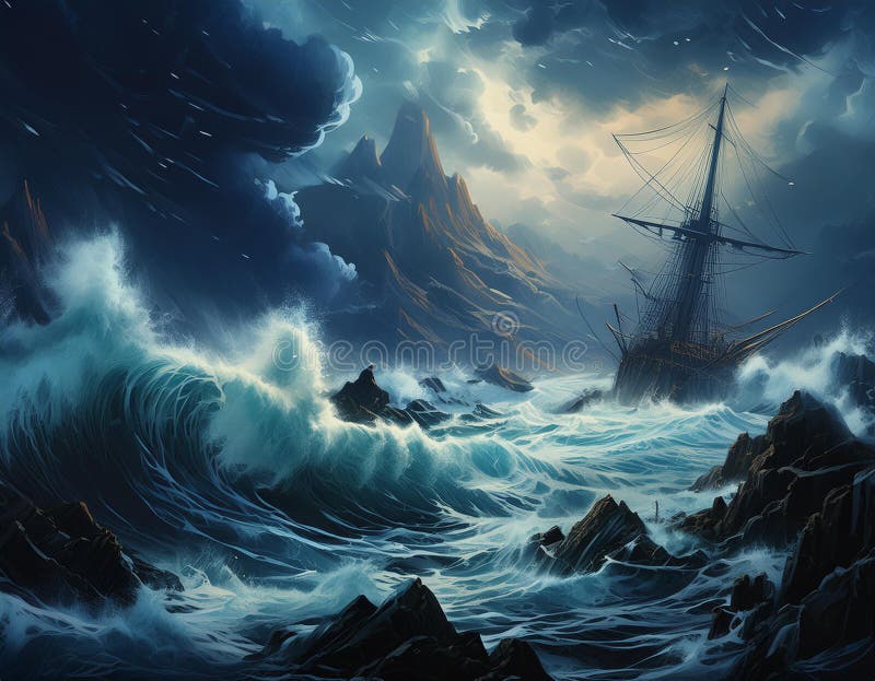 Chaos dark ocean storm stock illustration. Illustration of moon - 318806546